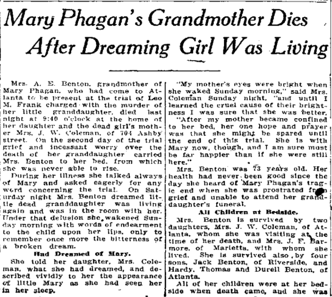 Mary Phagan’s Grandmother Dies After Dreaming Girl Was Living – Leo ...