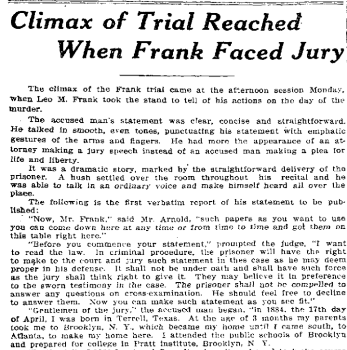 Climax of Trial Reached When Frank Faced Jury – Leo Frank Case Archive