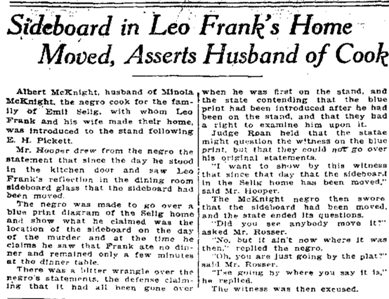 Sideboard in Leo Frank’s Home Moved, Asserts Husband of Cook – Leo ...