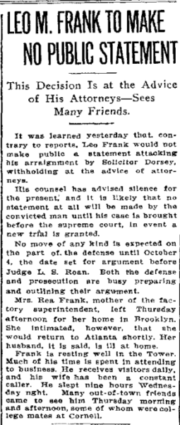 Leo M. Frank to Make No Public Statement – Leo Frank Case Archive