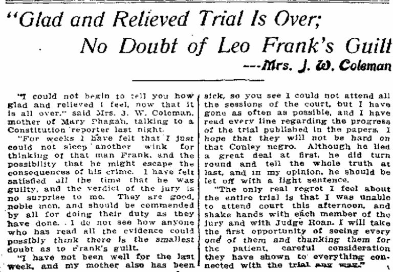 Glad and Relieved Trial Is Over; No Doubt of Leo Frank’s Guilt – Leo ...